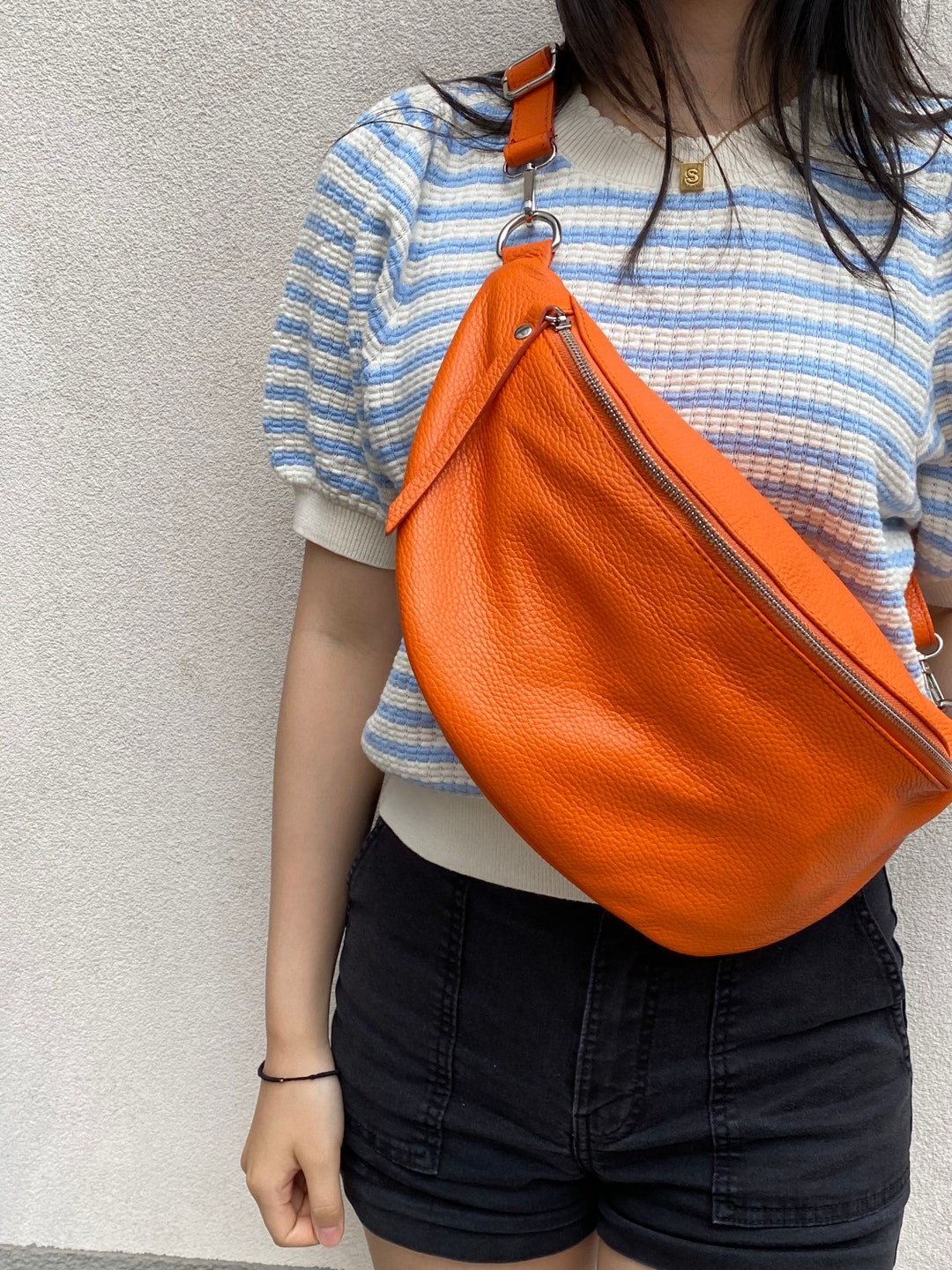 Orange Large Bum Bag Leather With Silver Closure, Shoulder Bag TOP ...
