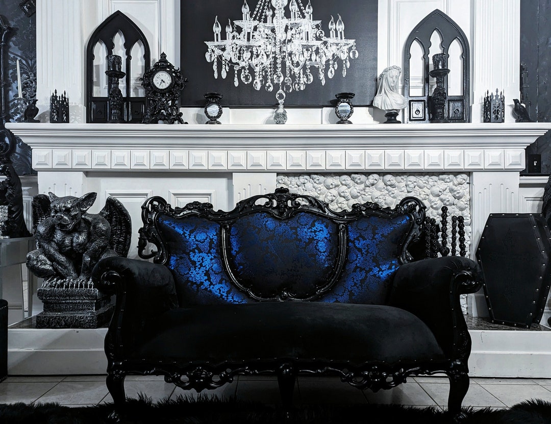 Black Skull Frame Blue Metallic Damask Black Velvet Gothic Victorian ...