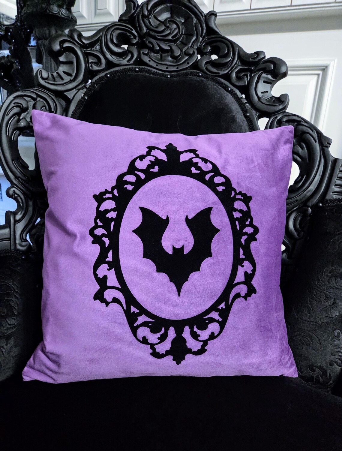 Iced Purple Velvet Black Vampire Bat Cameo Ornate Frame Pillow Cushion ...