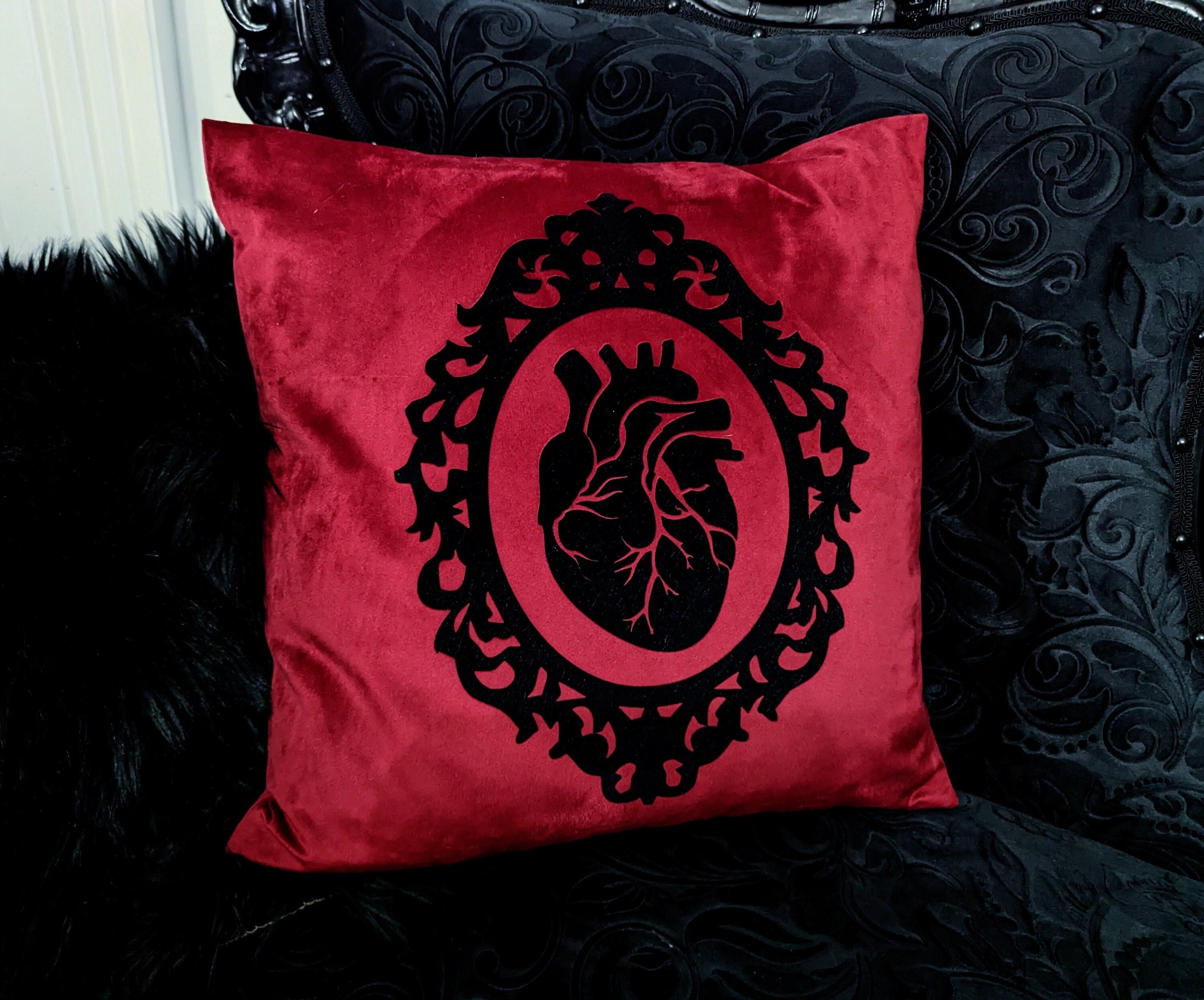 Dark Red Velvet Black Anatomical Heart Cameo Ornate Frame Pillow ...