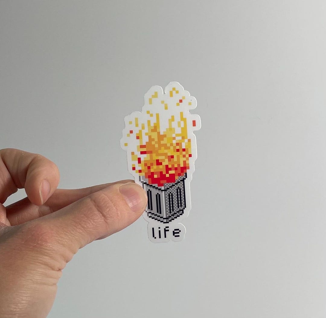 Dumpster Fire Sticker, Pixel Art Trash Can, Funny Mental Health Humor ...