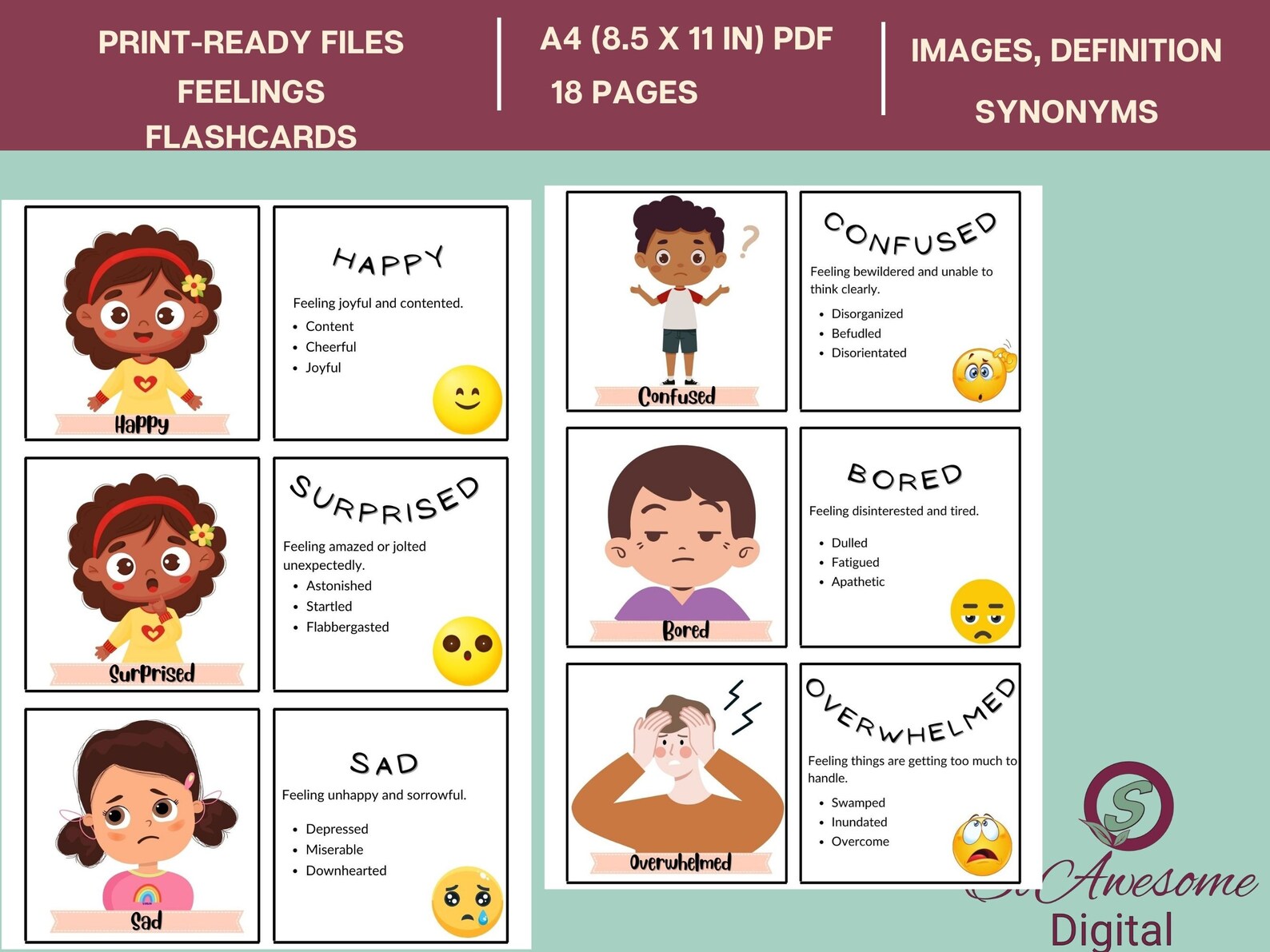 Printable Flashcards to Teach Feelings & Emotions, Digital Flashcards ...