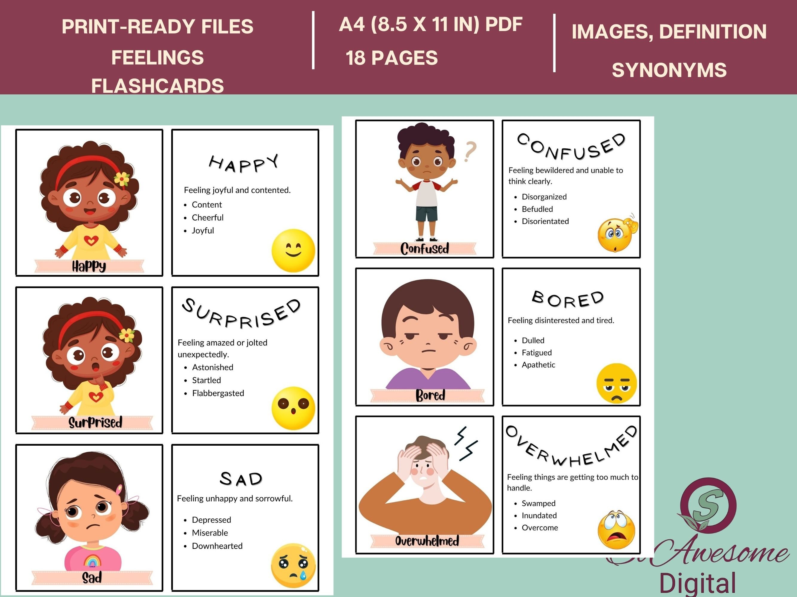 Printable Flashcards to Teach Feelings & Emotions, Digital Flashcards ...