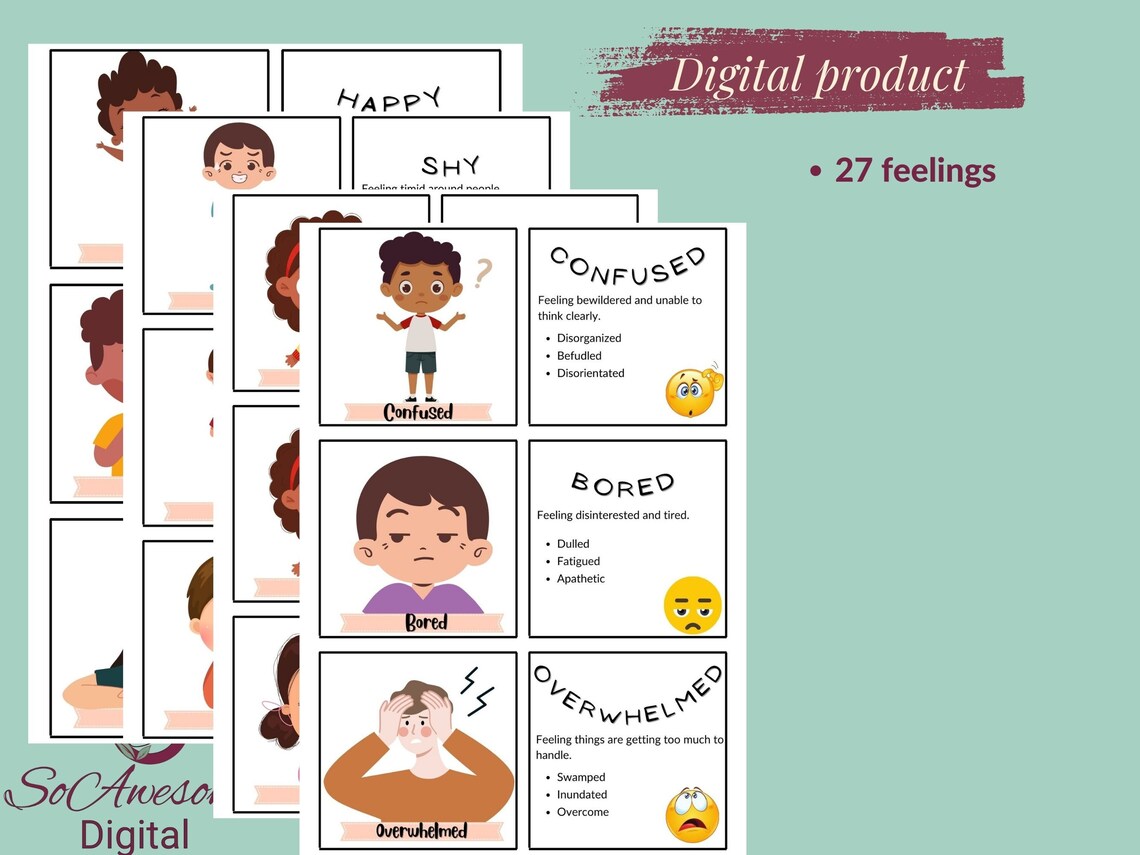 Printable Flashcards to Teach Feelings & Emotions, Digital Flashcards ...