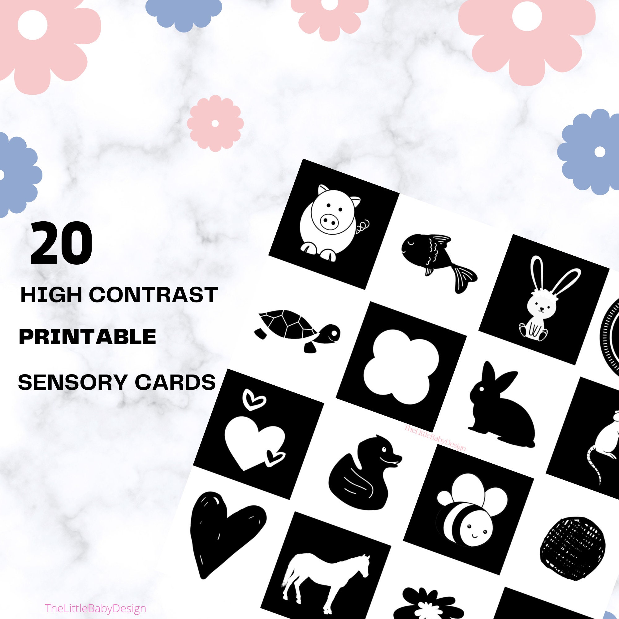 20 High Contrast Baby Cards Bundle - Printable Montessori Black and ...