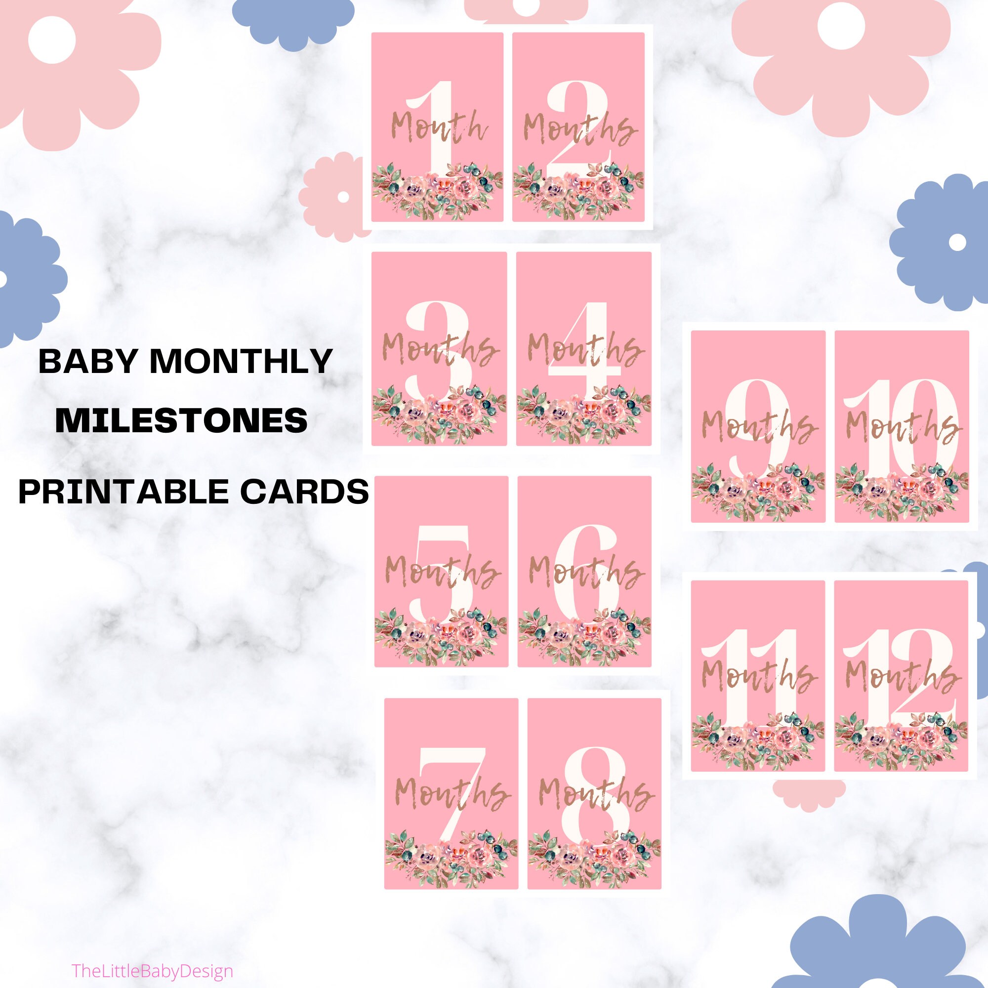 DIGITAL DOWNLOAD Monthly Milestone Cards Pink Flowers Printable Monthly ...
