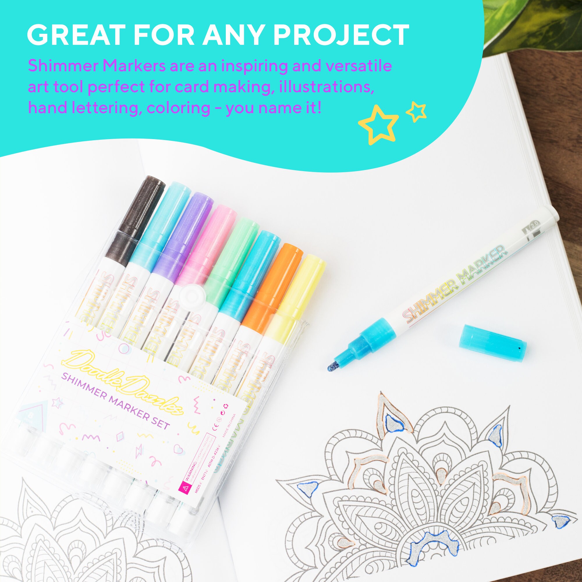 Doodledazzles Shimmer Markers - Set of 8 Double Line Outliner Markers ...
