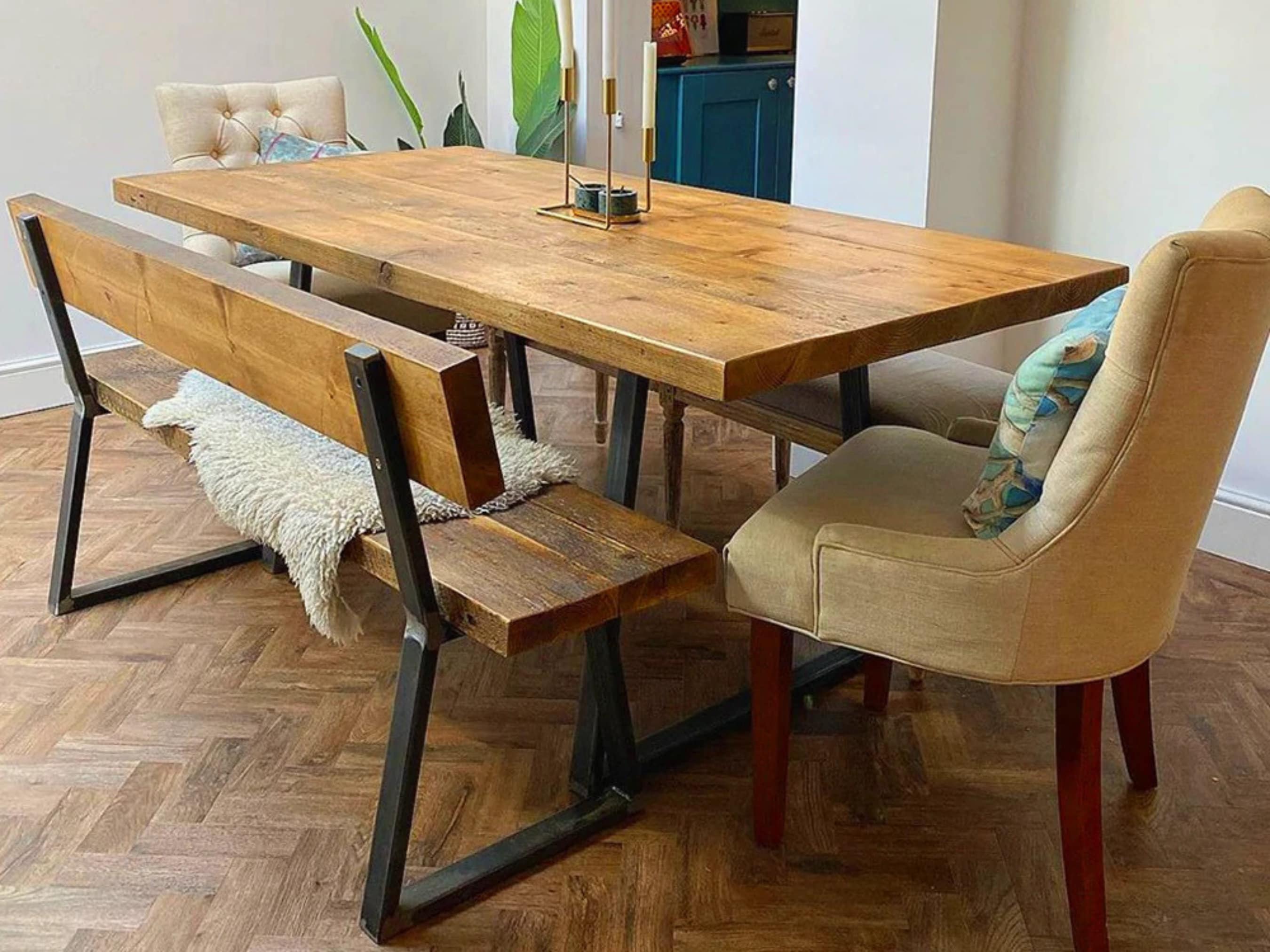 Bespoke Collection Reclaimed Dining Table Set with Bench with Back Option Triangle Frame Industrial Rustic Style Etsy