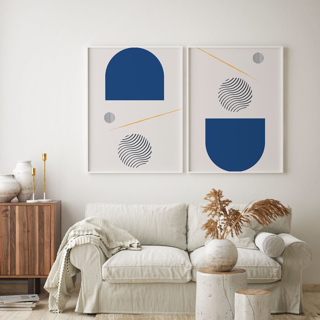 Mid Century Modern Shapes Wall Art Set of 2 Prints, Navyblue Abstract ...