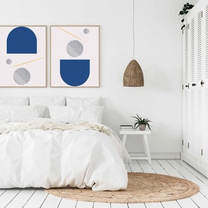 Mid Century Modern Shapes Wall Art Set of 2 Prints, Navyblue Abstract ...