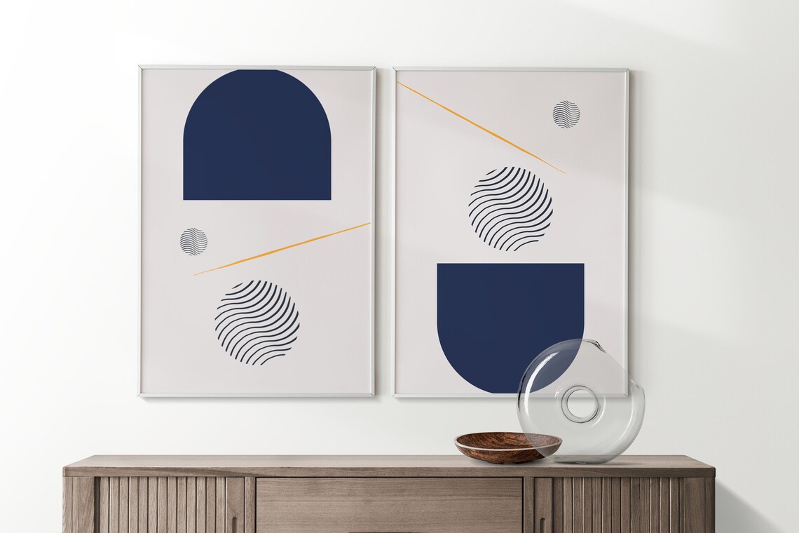 Mid Century Modern Shapes Wall Art Set of 2 Prints, Navyblue Abstract ...