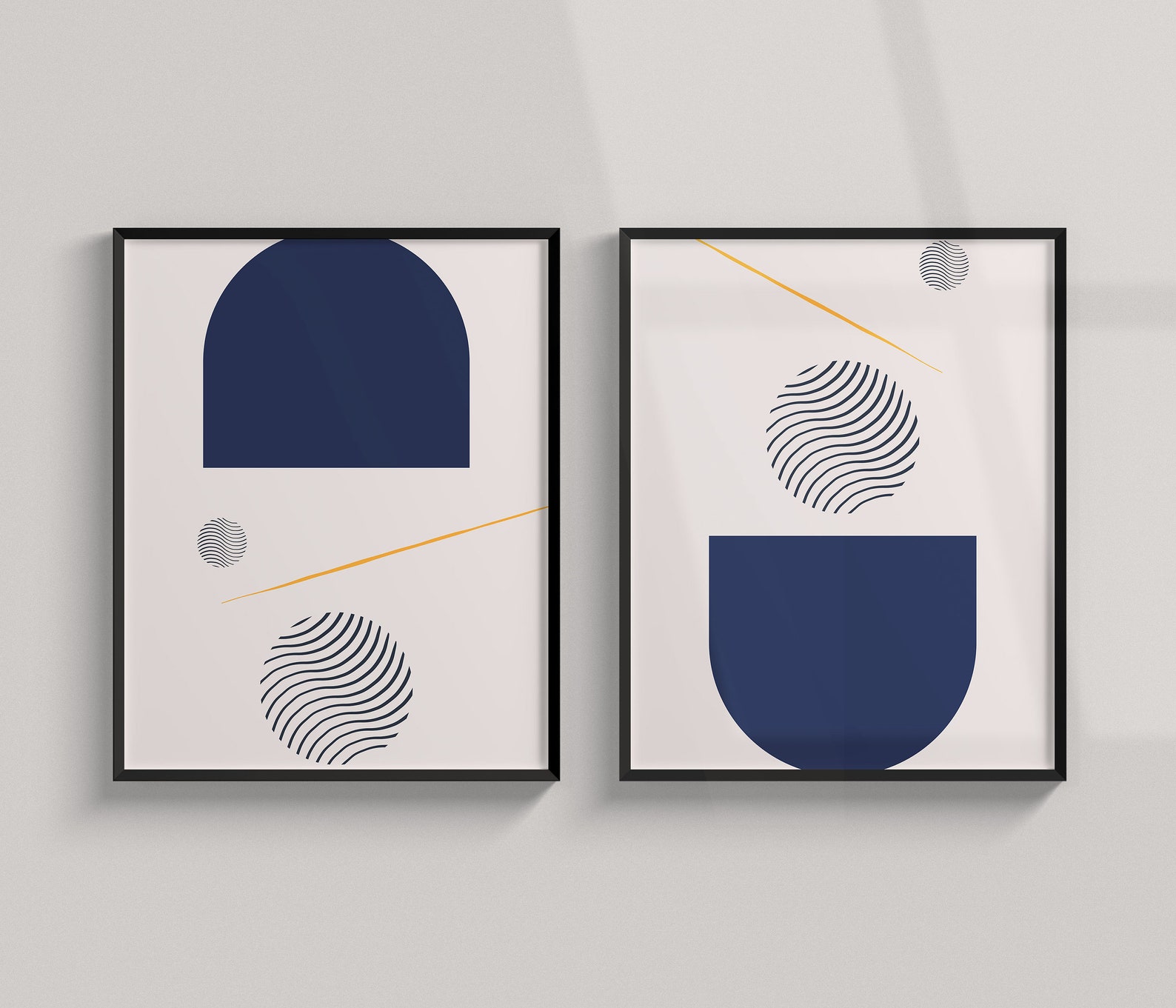 Mid Century Modern Shapes Wall Art Set of 2 Prints, Navyblue Abstract ...