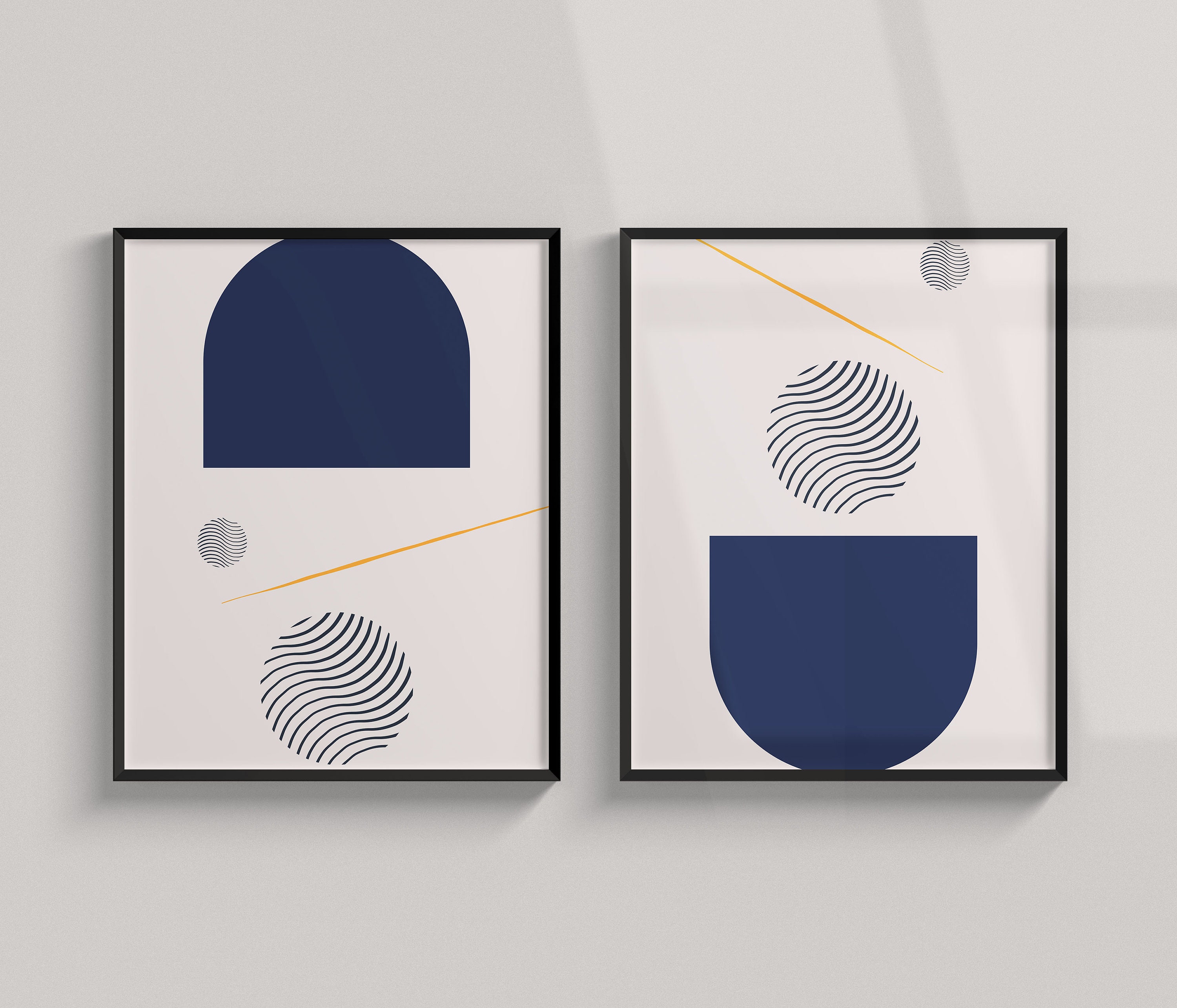 Mid Century Modern Shapes Wall Art Set of 2 Prints, Navyblue Abstract ...