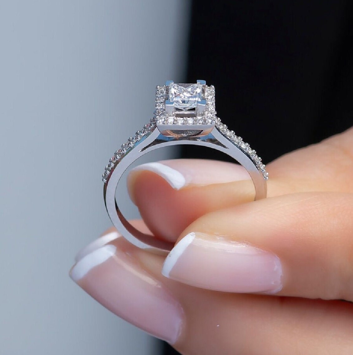 Unique Princess Cut Diamond Moissanite Engagement Ring, 14K White Gold ...