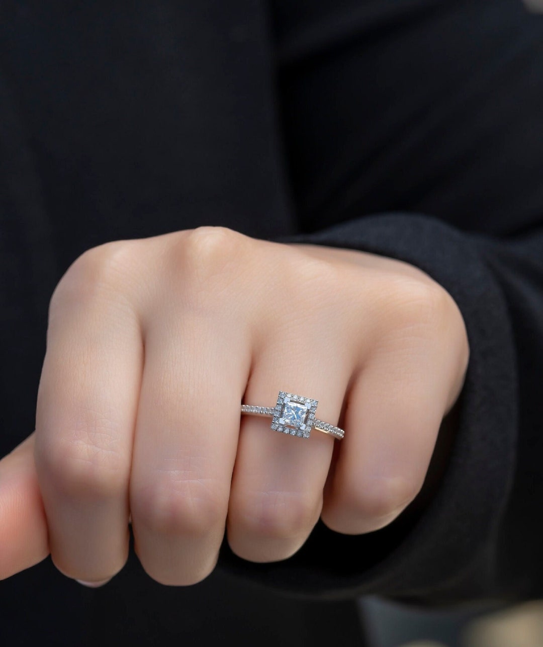 Unique Princess Cut Diamond Moissanite Engagement Ring, 14K White Gold ...