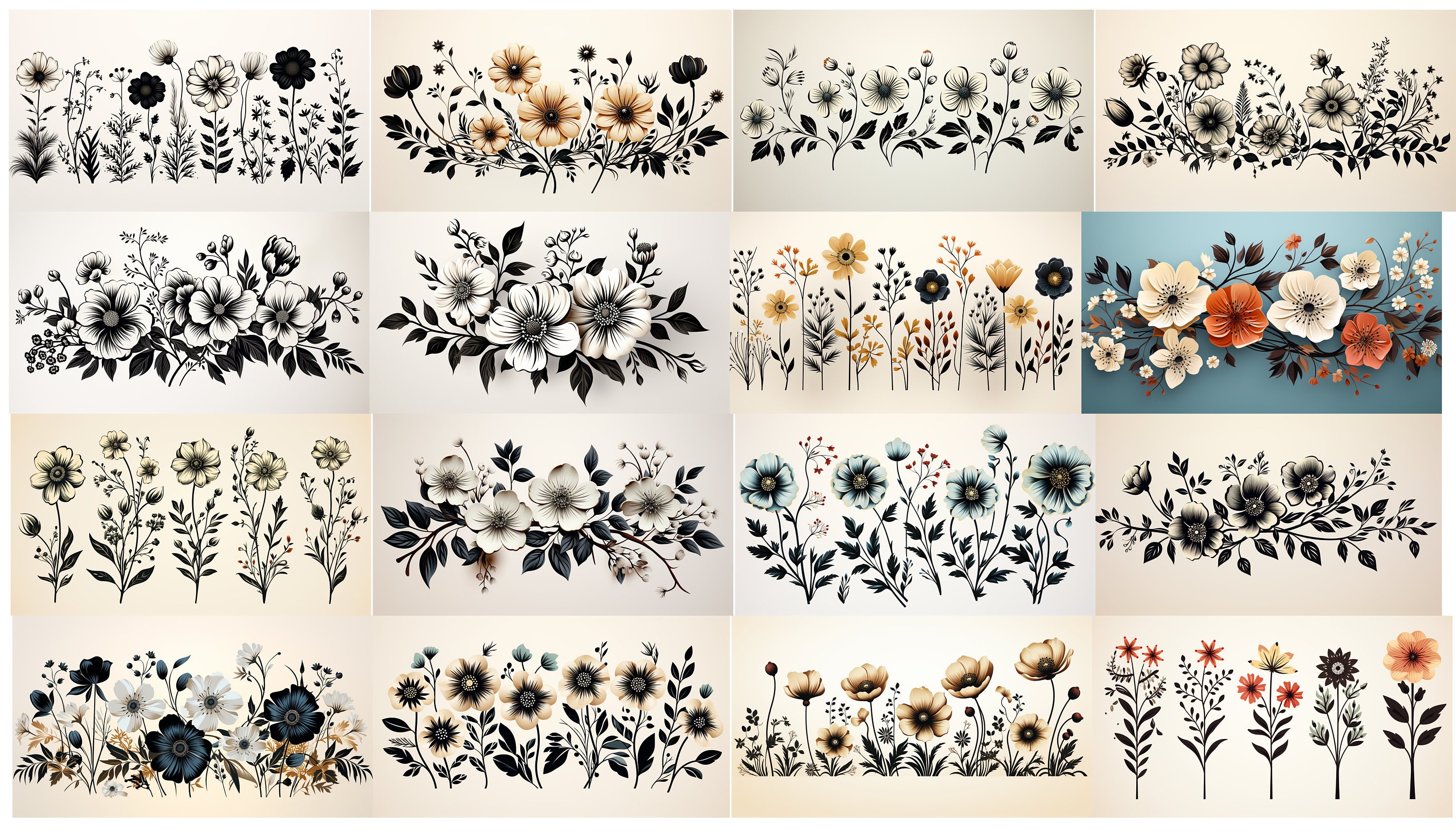 Set of 16 Silhouetted Flower SVG Files - Botanical Floral Row ...