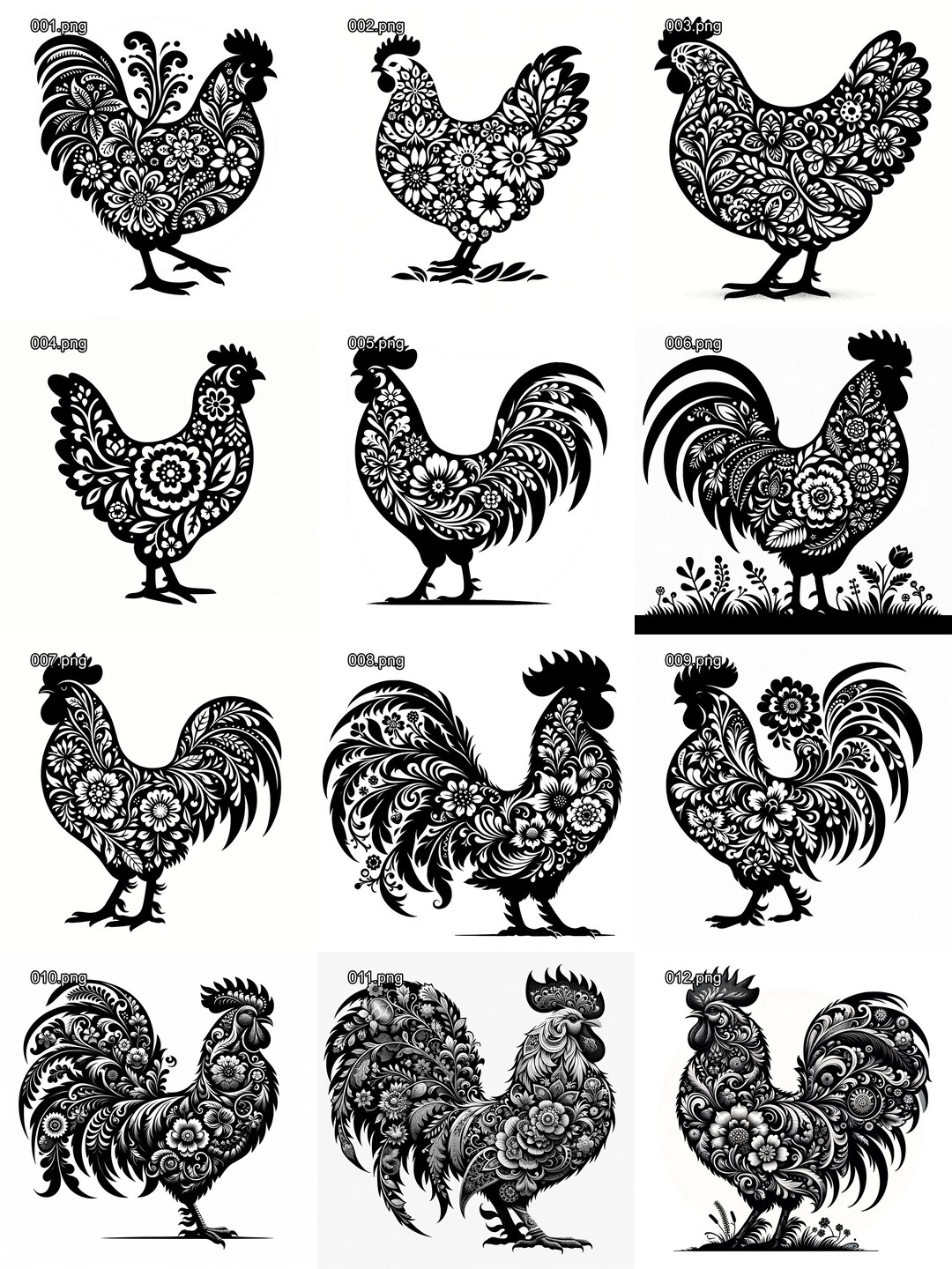 12 Floral Hen and Rooster Silhouette Svg/png Bundle - Laser Engraving ...