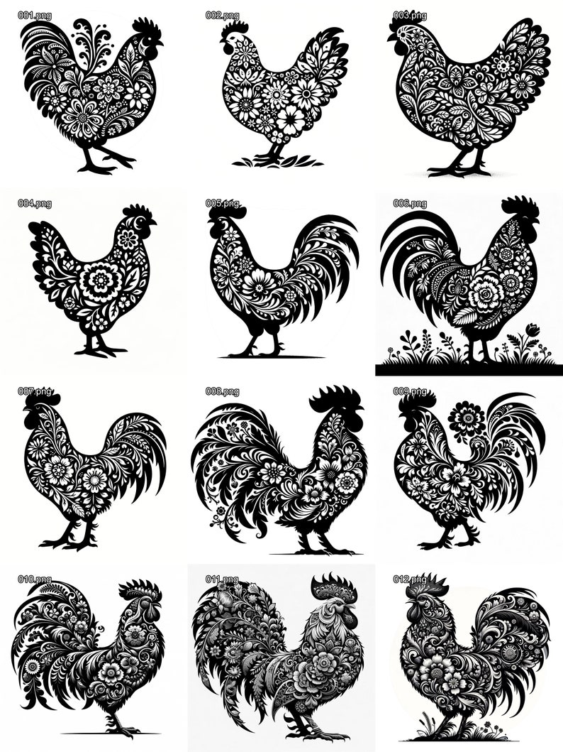 12 Floral Hen and Rooster Silhouette Svg/png Bundle - Laser Engraving ...