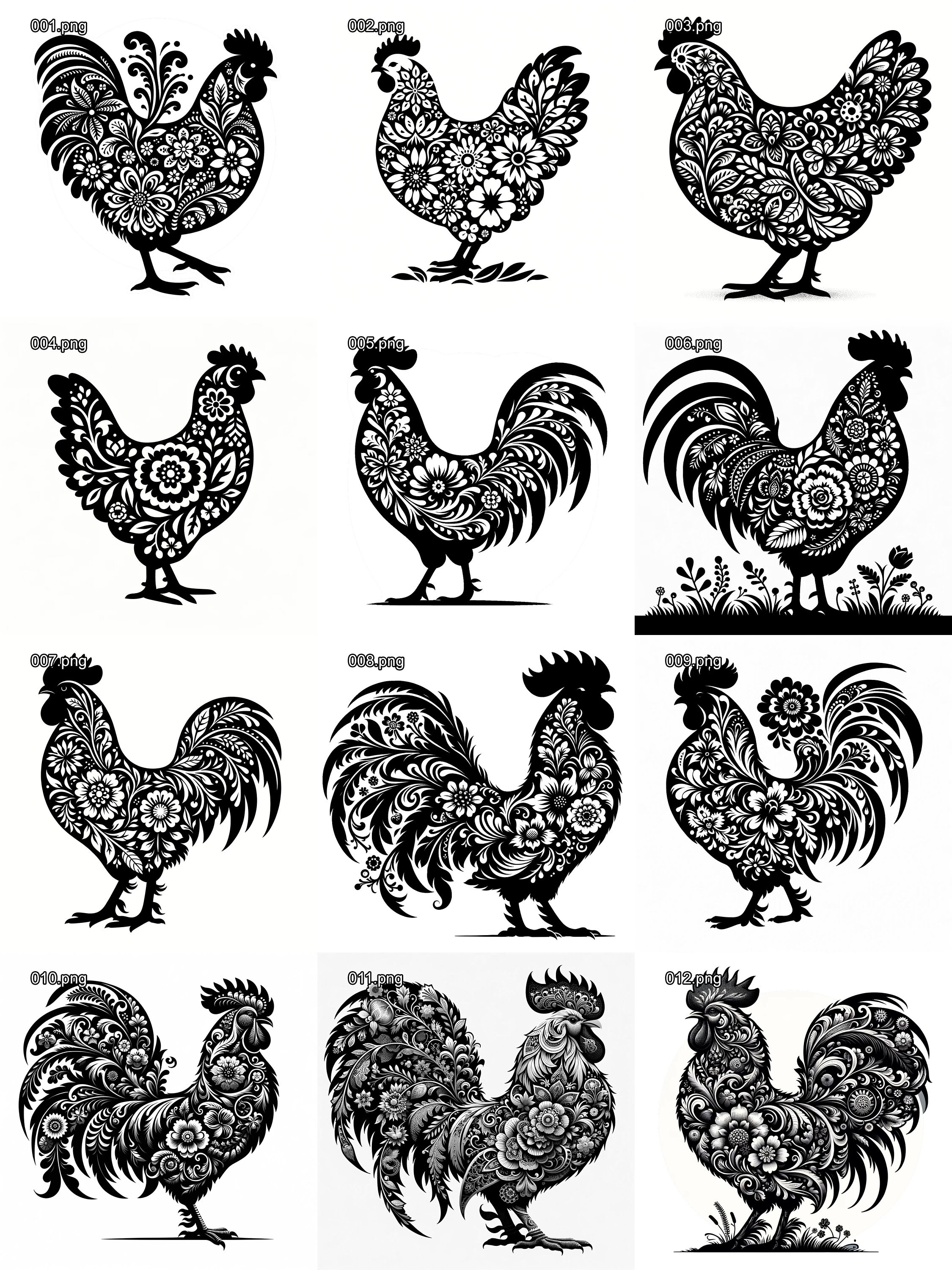 12 Floral Hen and Rooster Silhouette Svg/png Bundle - Laser Engraving ...