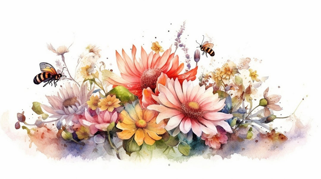 Pastel Blooms & Buzzing Bees: Digital Watercolor Trio. Create ...