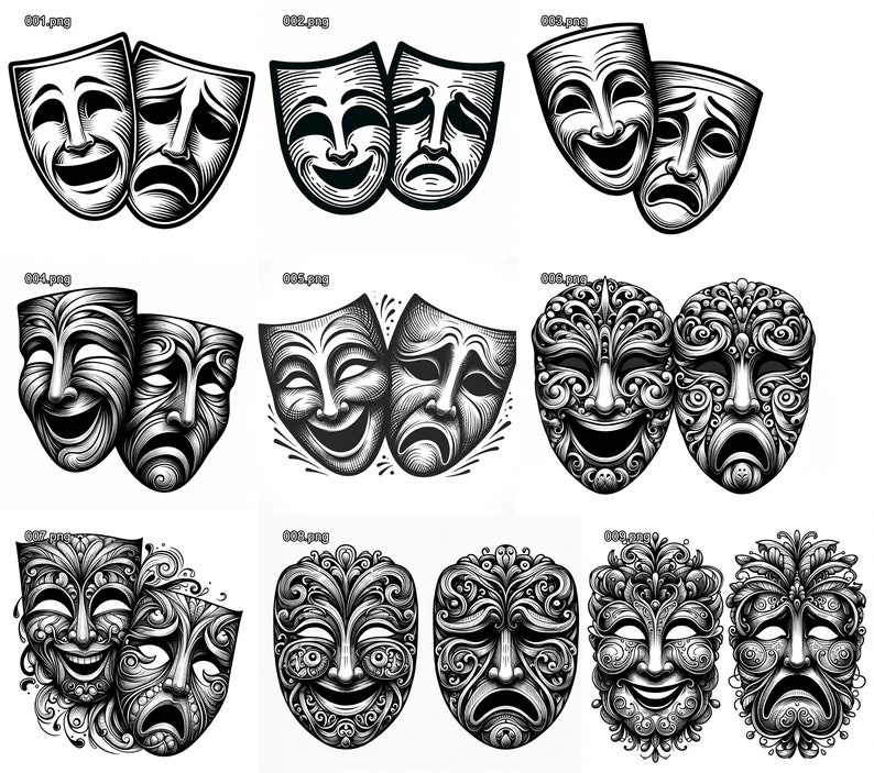 Comedy and Tragedy Drama Masks Svg Png Bundle - 9 Designs for Laser ...
