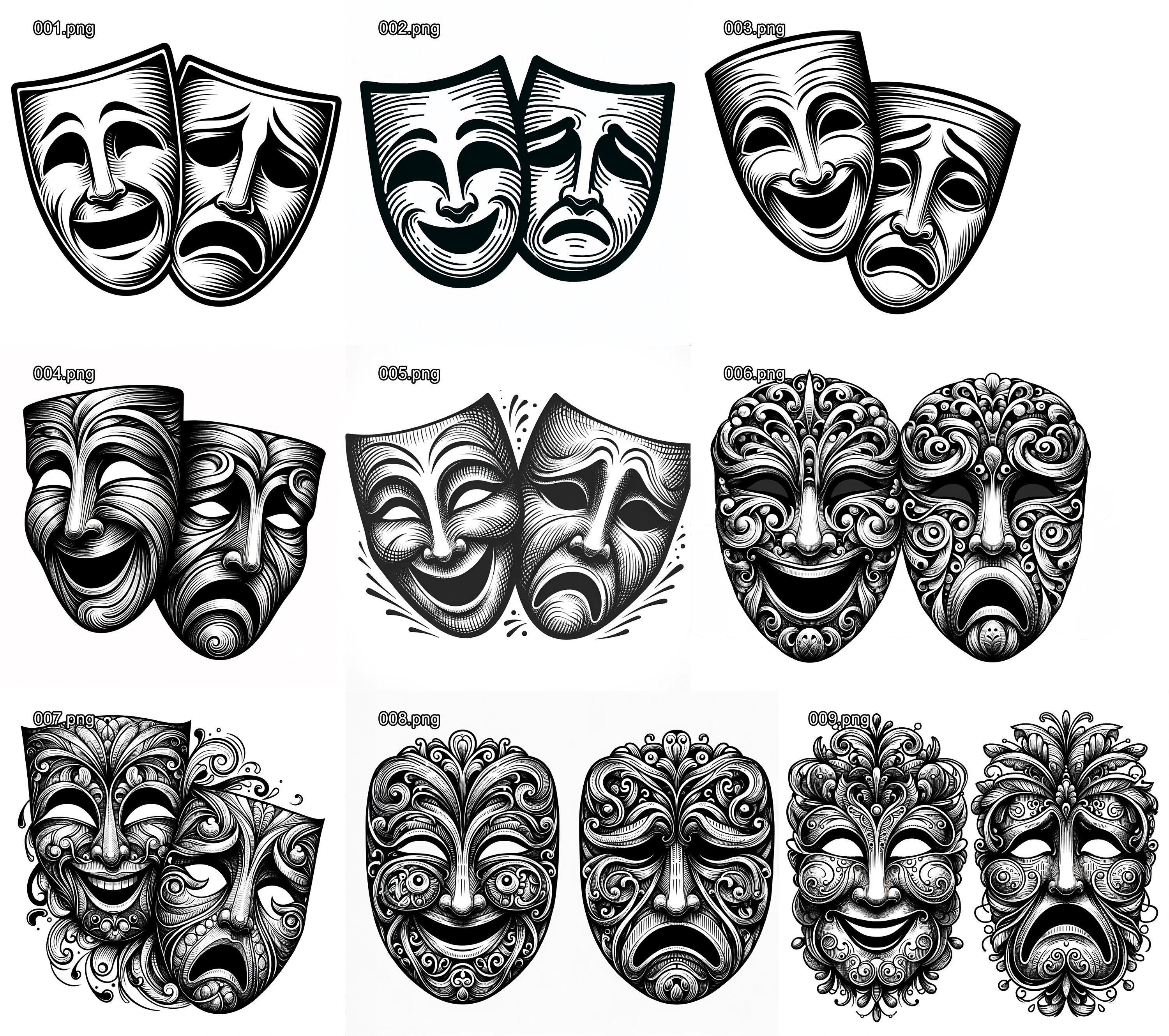 Comedy and Tragedy Drama Masks Svg Png Bundle - 9 Designs for Laser ...