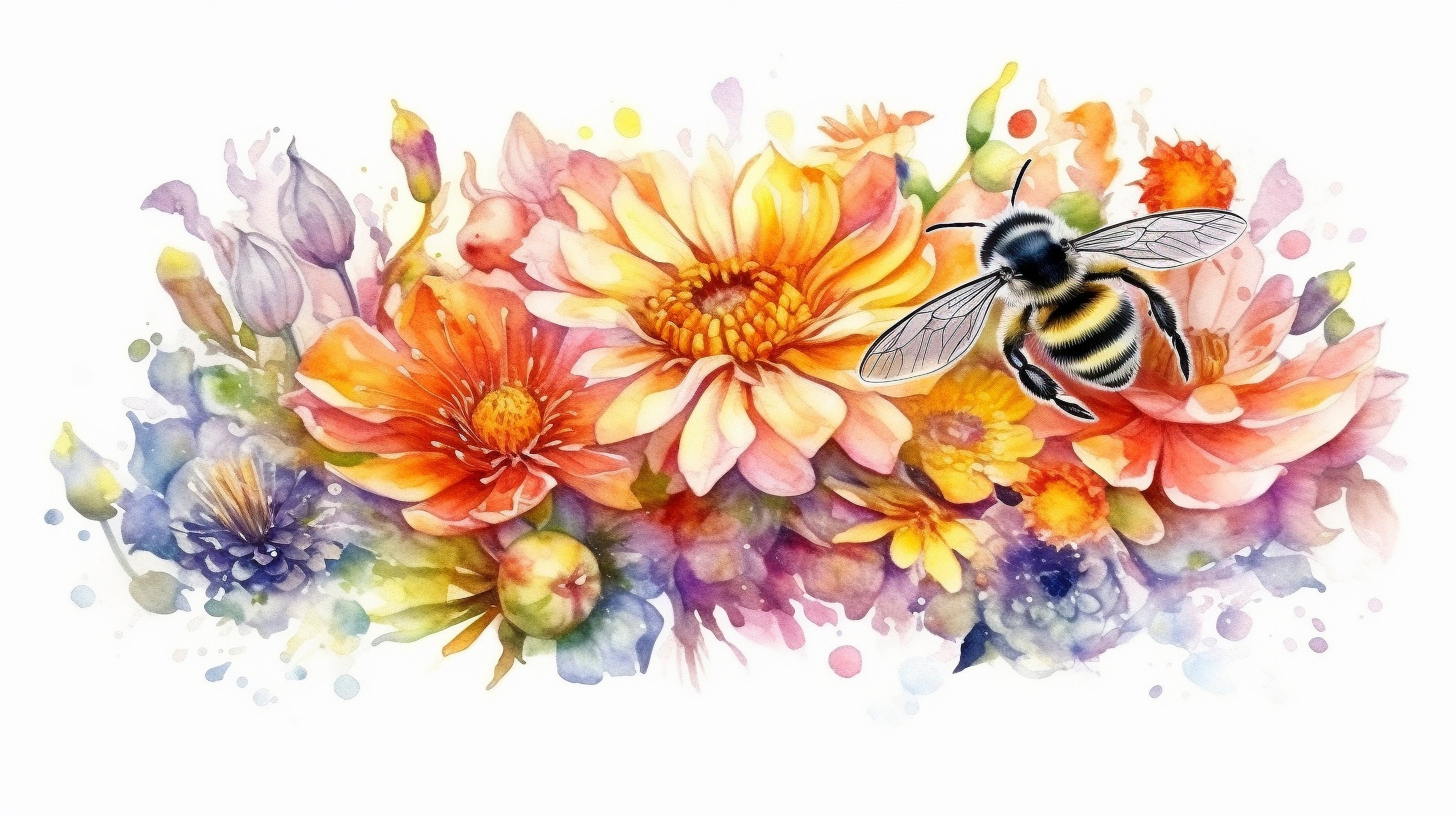 Pastel Blooms & Buzzing Bees: Digital Watercolor Trio. Create ...