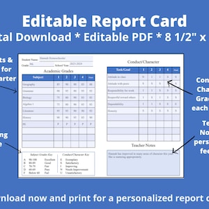 Editable Report Card PDF, Digital Download - Etsy