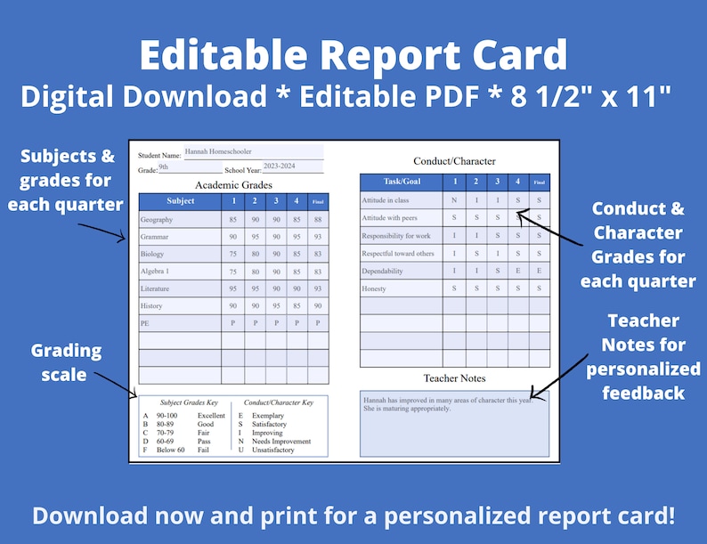 Editable Report Card PDF, Digital Download - Etsy