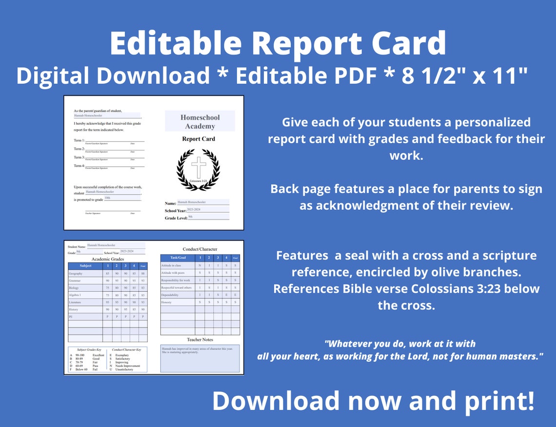 Editable Report Card PDF Digital Download - Etsy