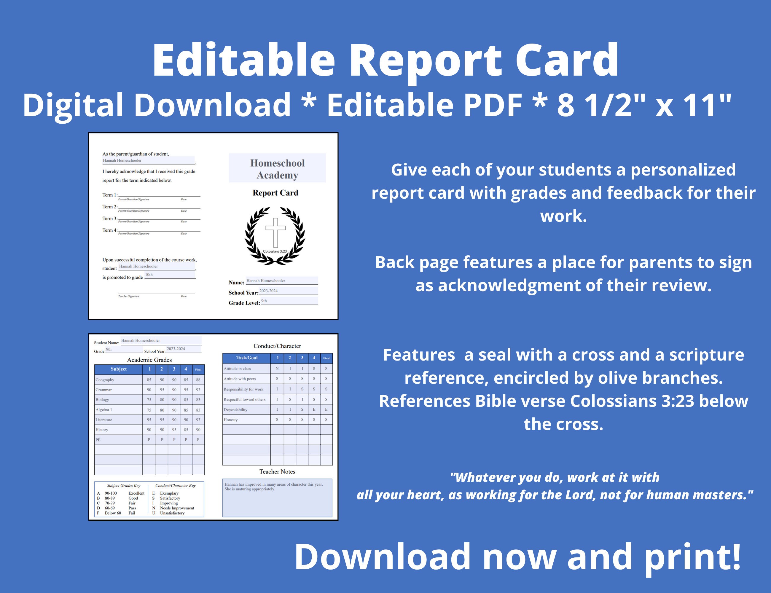 Editable Report Card PDF, Digital Download - Etsy