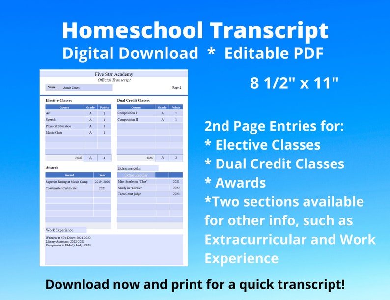 Homeschool Transcript - EDITABLE PDF Form for Grades, Credit Hours ...