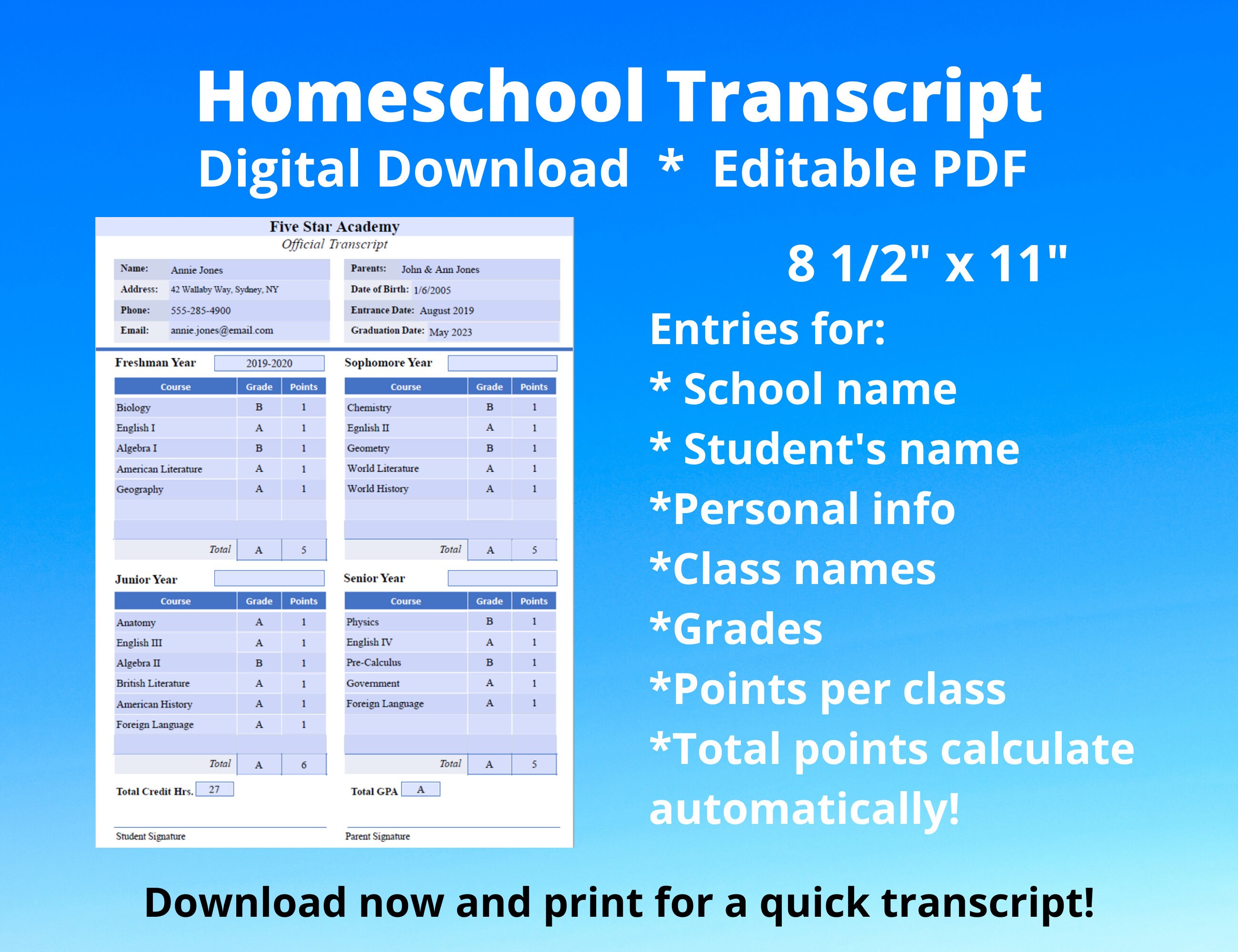 Homeschool Transcript - EDITABLE PDF Form for Grades, Credit Hours ...