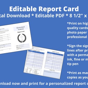 Editable Report Card PDF, Digital Download - Etsy