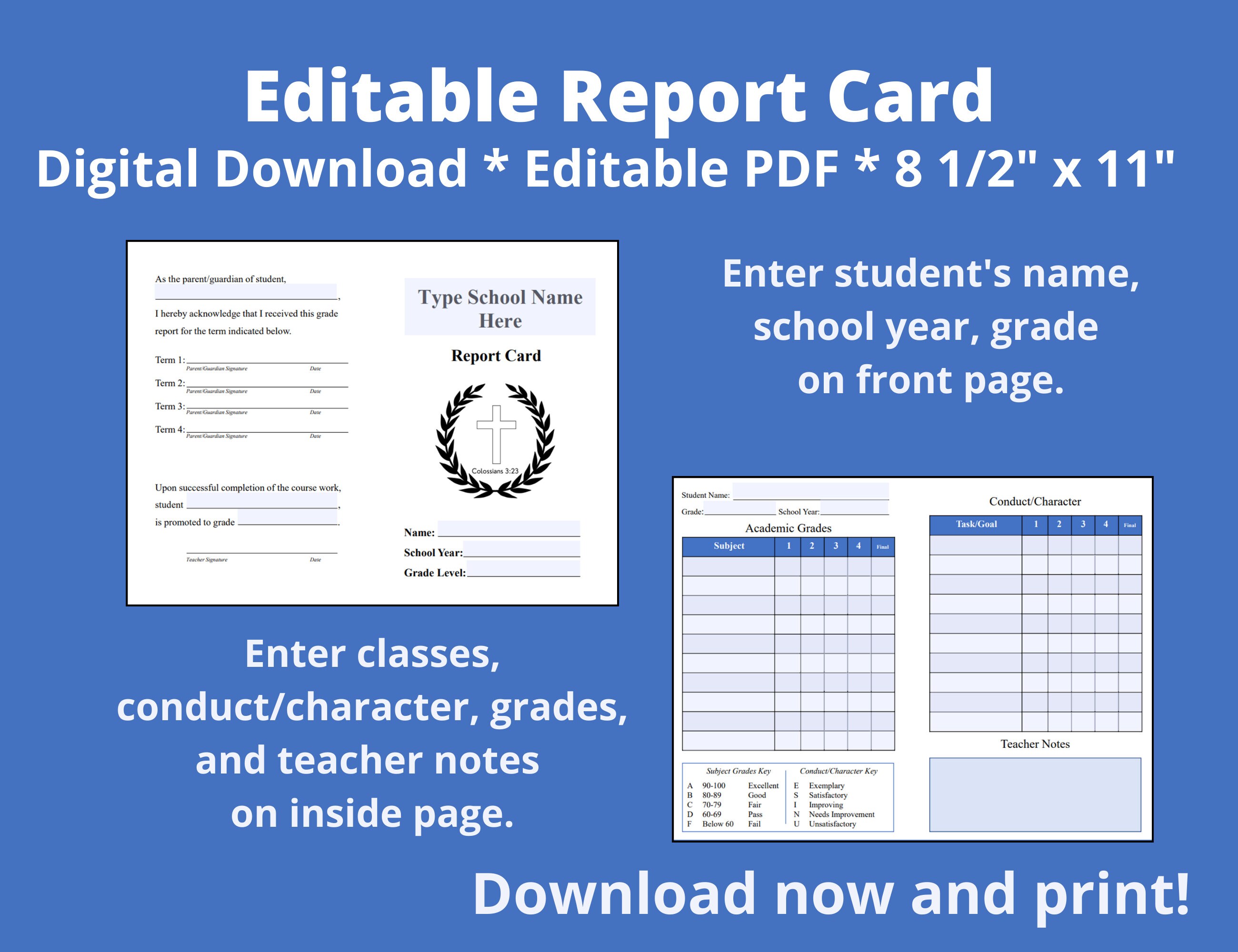 Editable Report Card PDF Digital Download - Etsy