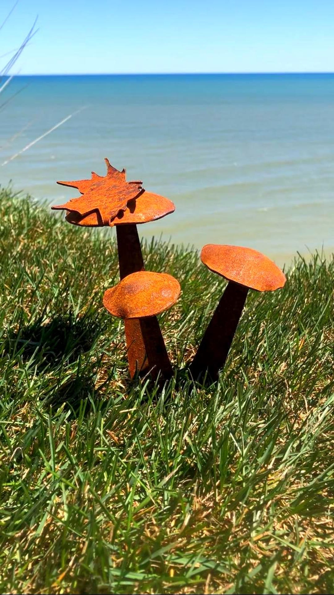 Handcrafted Rustic Metal Mushroom Set With Fallen Maple Leaf – 3 Sizes ...