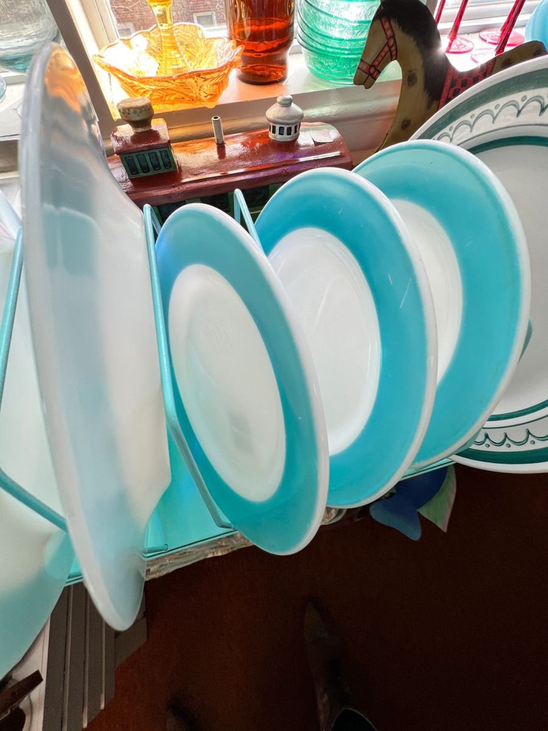 Pyrex Set of 3 Salad / Lunch Turquiose Rim Plates - Etsy