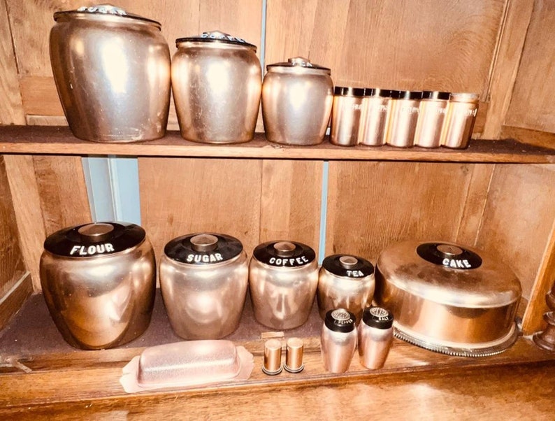 Vintage Rose Gold Kromex Canisters Spice Set Cake Butter Dish Shakers ...