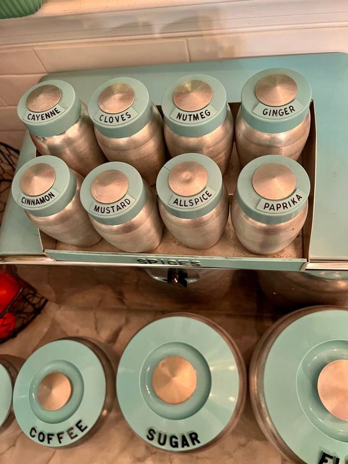 Vintage MCM Turquoise Kromex 8 Spice Shaker Set & Rack OR - Etsy