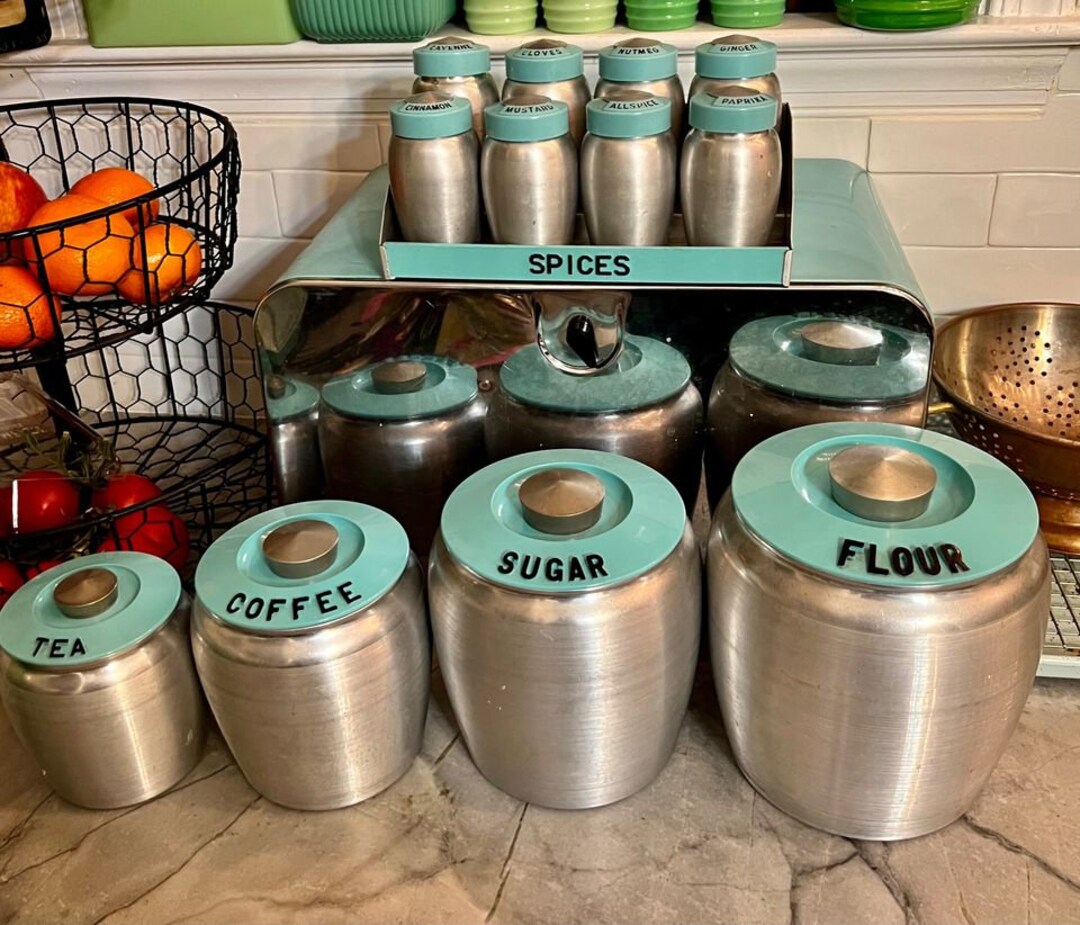 Vintage MCM Turquoise Kromex 8 Spice Shaker Set & Rack OR Canister Set ...