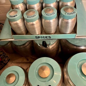 Vintage MCM Turquoise Kromex 8 Spice Shaker Set & Rack OR Canister Set ...