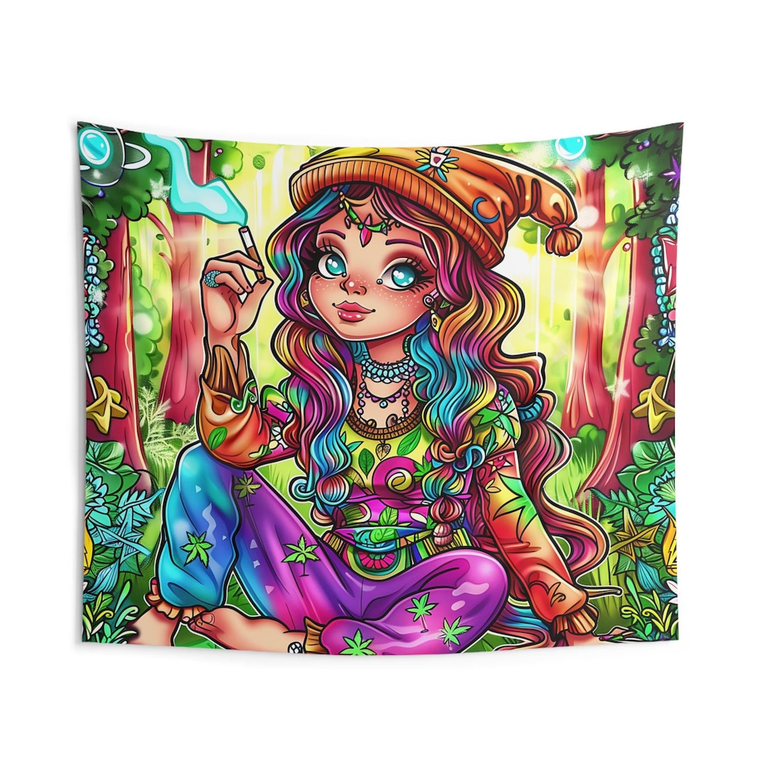 Hippie 420 Smoker Girl Wall Tapestry, Bohemian Wall Decor, Psychedelic ...