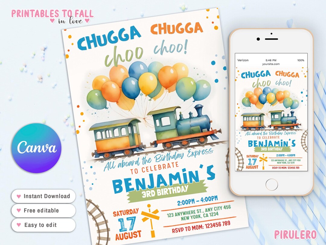 Train Birthday Invitation Template, Editable Toy Train Invitation for ...