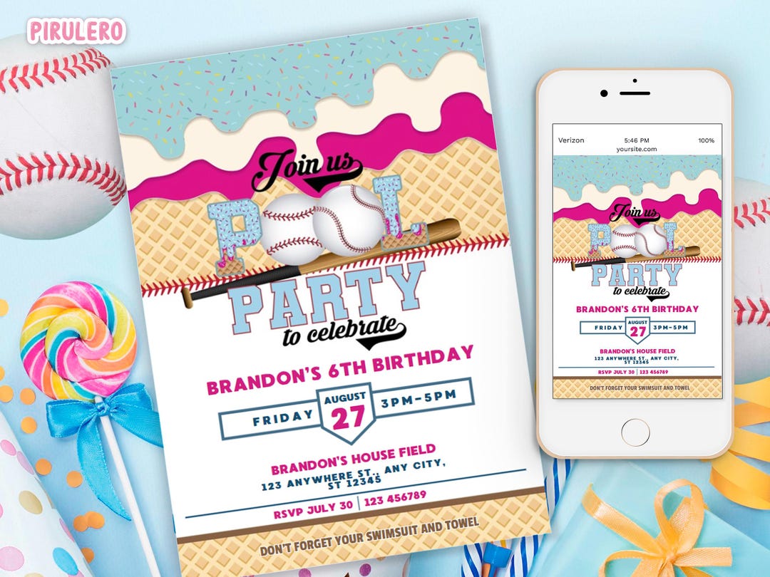 Baseball Drip Pool Party Invitation, Summer Party Invite, Ice Cream ...