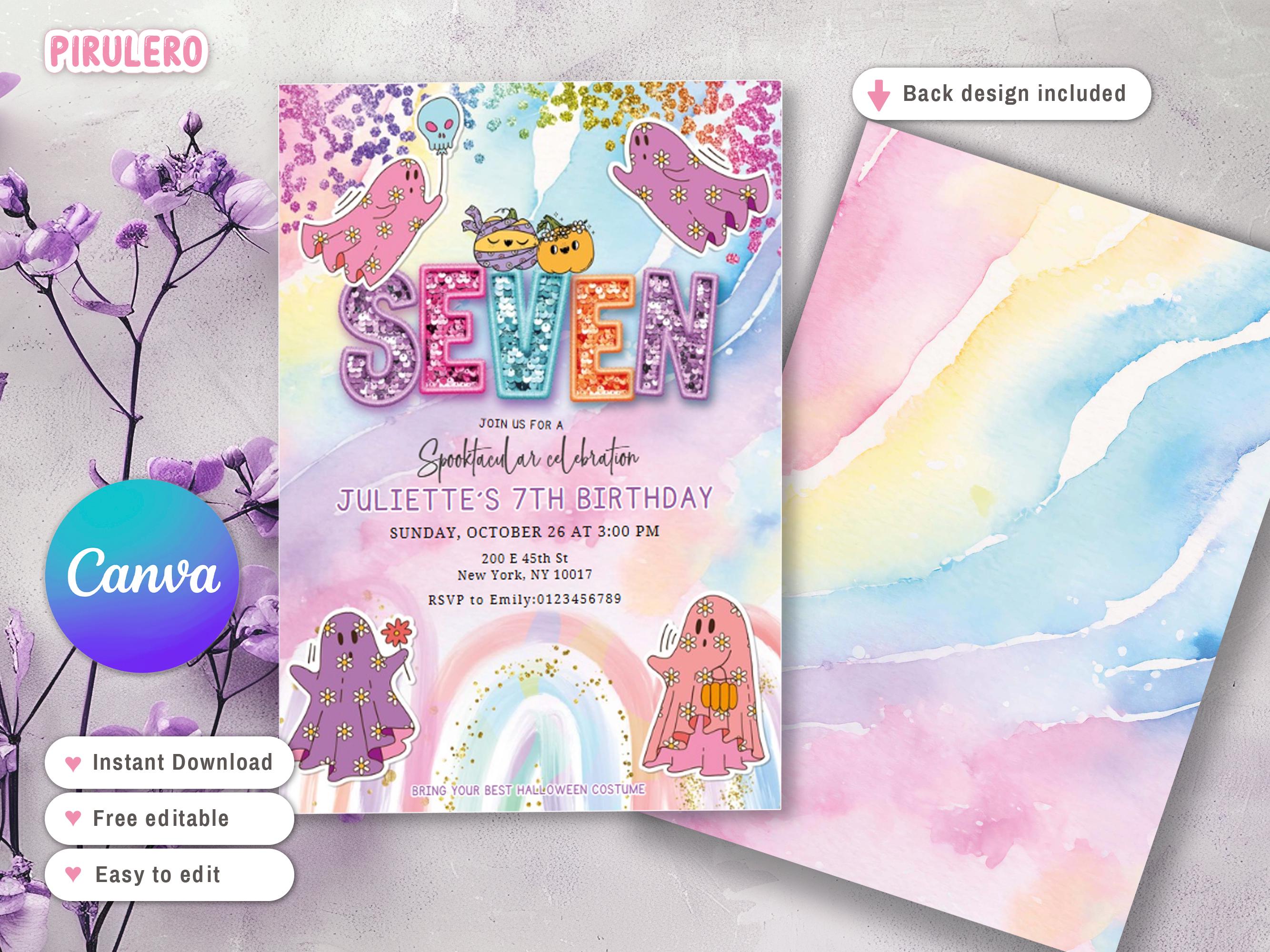 Sequin Rainbow 7th Birthday Invitation: Spooky Vibe (canva Template) - Etsy