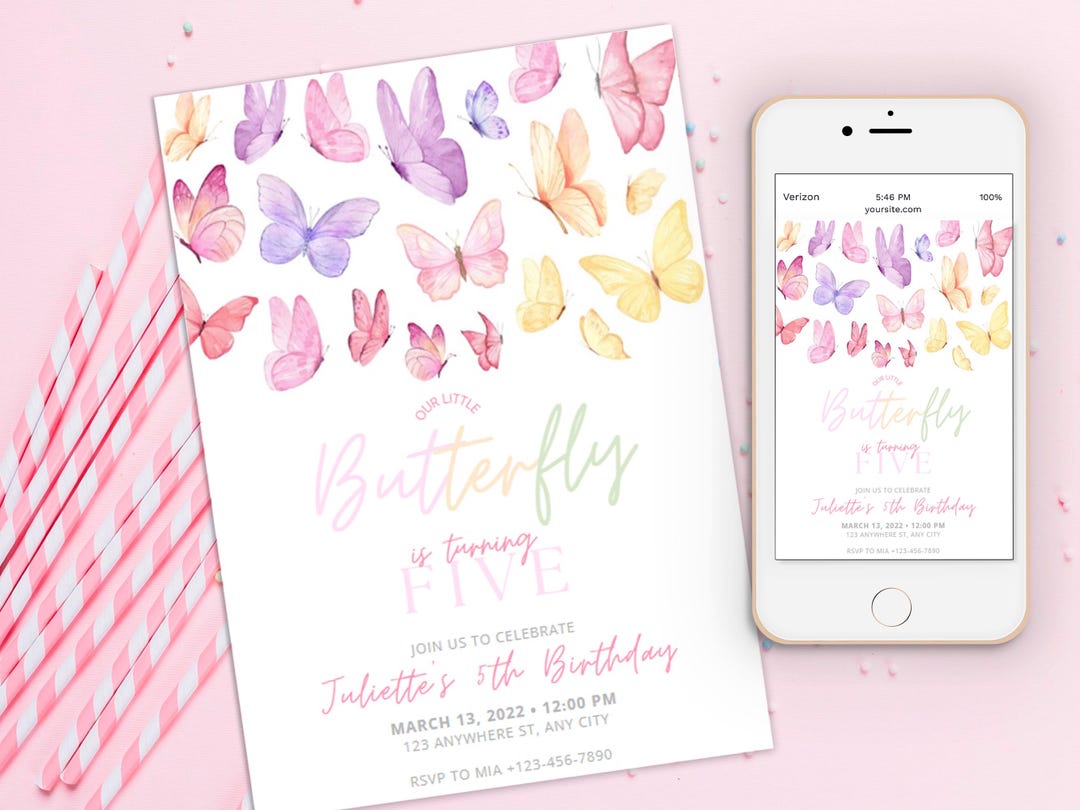 Butterfly Birthday Invitation, Pastel Rainbow Butterflies for Any Age ...