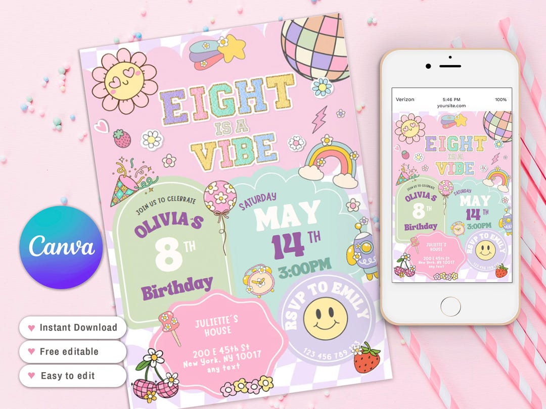 Eight is A Vibe Preppy 8th Birthday Party Invitation Preppy Patch ...