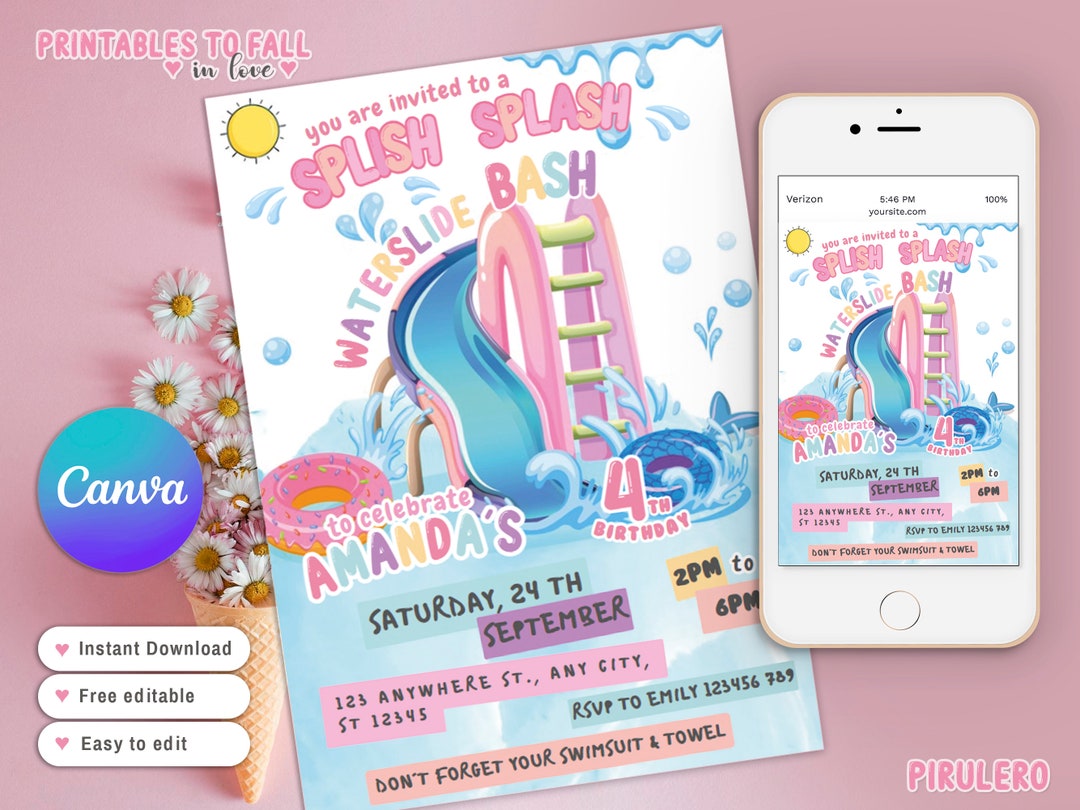 Waterslide Invitation, Girl Water Slide Party Invite, Instant Download ...