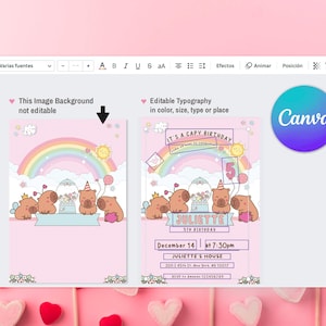 Capybara Birthday Invitation, Sweet Pink Capy Birthday Canva Editable ...
