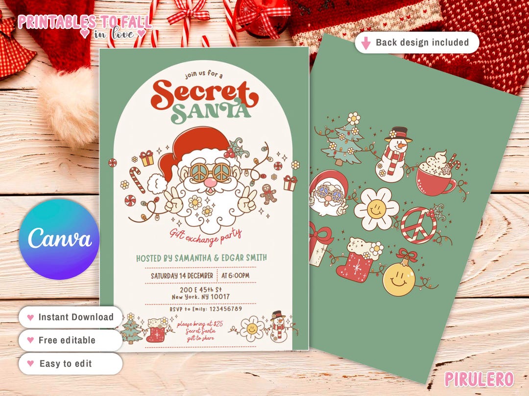 Secret Santa Invitation, Secret Santa Party, Funny Christmas Party Invite Retro Holiday, Kris ...